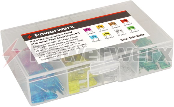 100 Piece Automotive Mini/ATM Blade Fuse Assortment Kit | Powerwerx